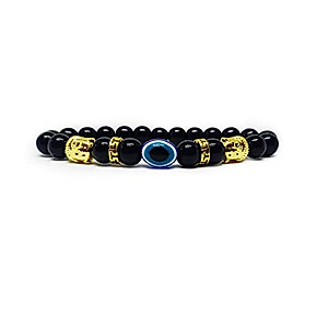 Frienemy Presents Black Tourmaline Stone Bracelet with Evil Eye and Golden Buddha Head 8 Mm Beads Reiki Crystal Charm Bracelet for Men and Women #Frienemy-159