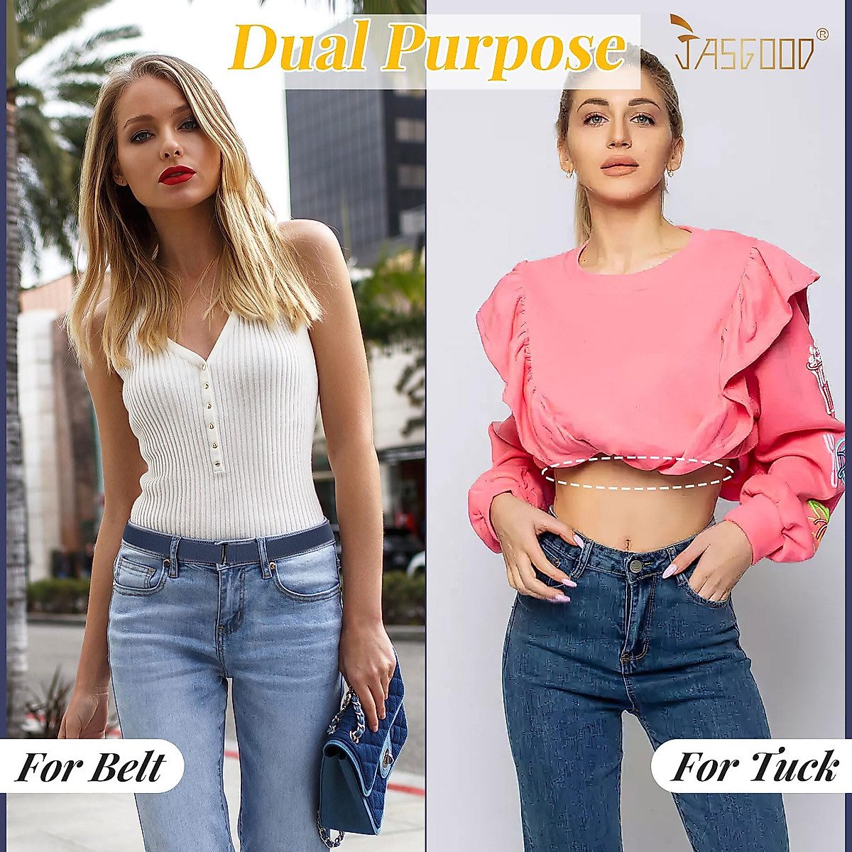 JASGOOD 2 PCS Crop Tuck Band, Croptuck Adjustable Band, Tucking Sweaters, Shirts and Hoodies Elastic Stretch Belt for Women Men(Black+Black)