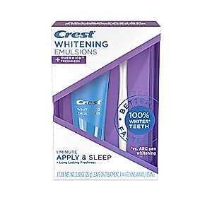Crest Whitening Emulsions Leave-On Teeth Whitening Gel Kit + Overnight Freshness with Wand Applicator and Stand, Apply & Sleep, 0.88 Oz
