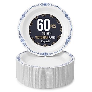 Exquisite Victorian Plastic Plates 60 Piece Plastic Disposable Plates for Party Set For 60 Guests 60 x 10 inch Plastic Dessert Plates Plastic Plates Disposable Heavy Duty White & Navy