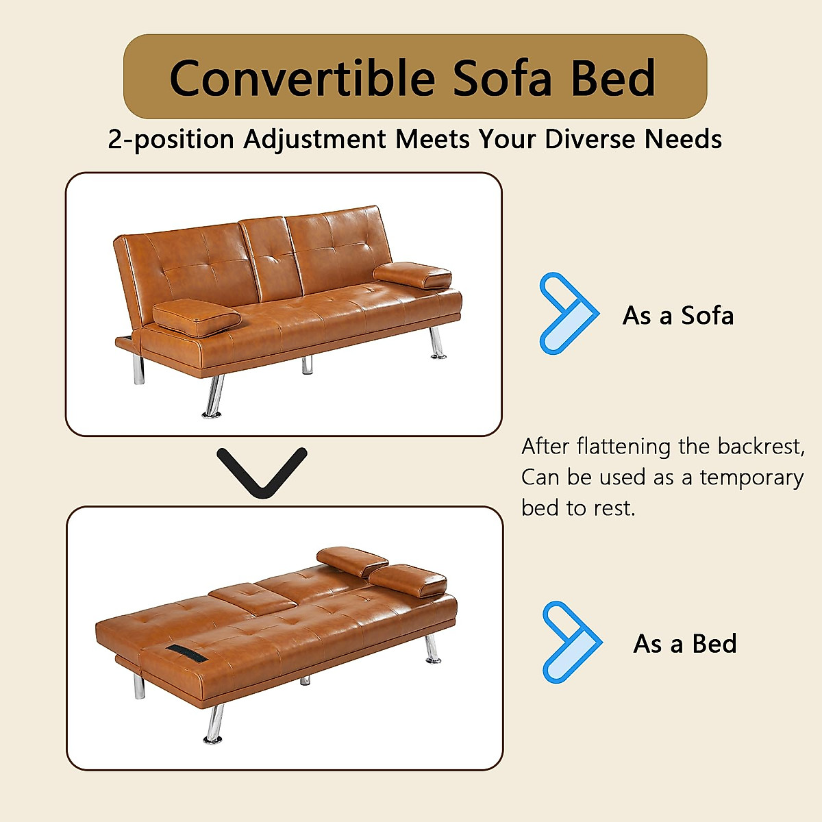 GERDIOEB Modern Convertible Folding Futon Sofa Bed with 2 Cup Holders, Leather Upholstered Adjustable Couch Loveseat Sofa Sleeper with Removable Armrests for Living Room Office Small Space (Tan)