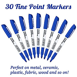 Permanent Markers,Shuttle Art 30 Pack Blue Permanent Marker set,Fine Point, Works on Plastic,Wood,Stone,Metal and Glass for Doodling, Marking