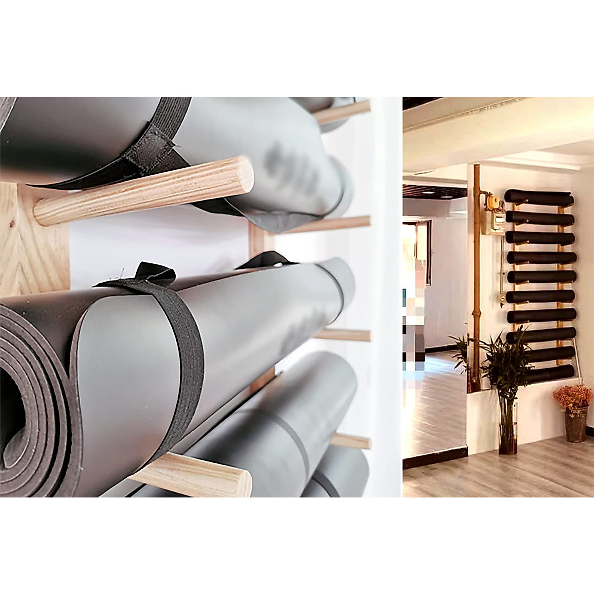 MTSON Yoga Mat Holder Home Wooden Yoga Mat Holder Gym Decor, for Foam Rollers Yoga Mat/Sports Sweat Towel, Yoga Studio or Commercial Gym Large Storage Yoga Mat Accessories