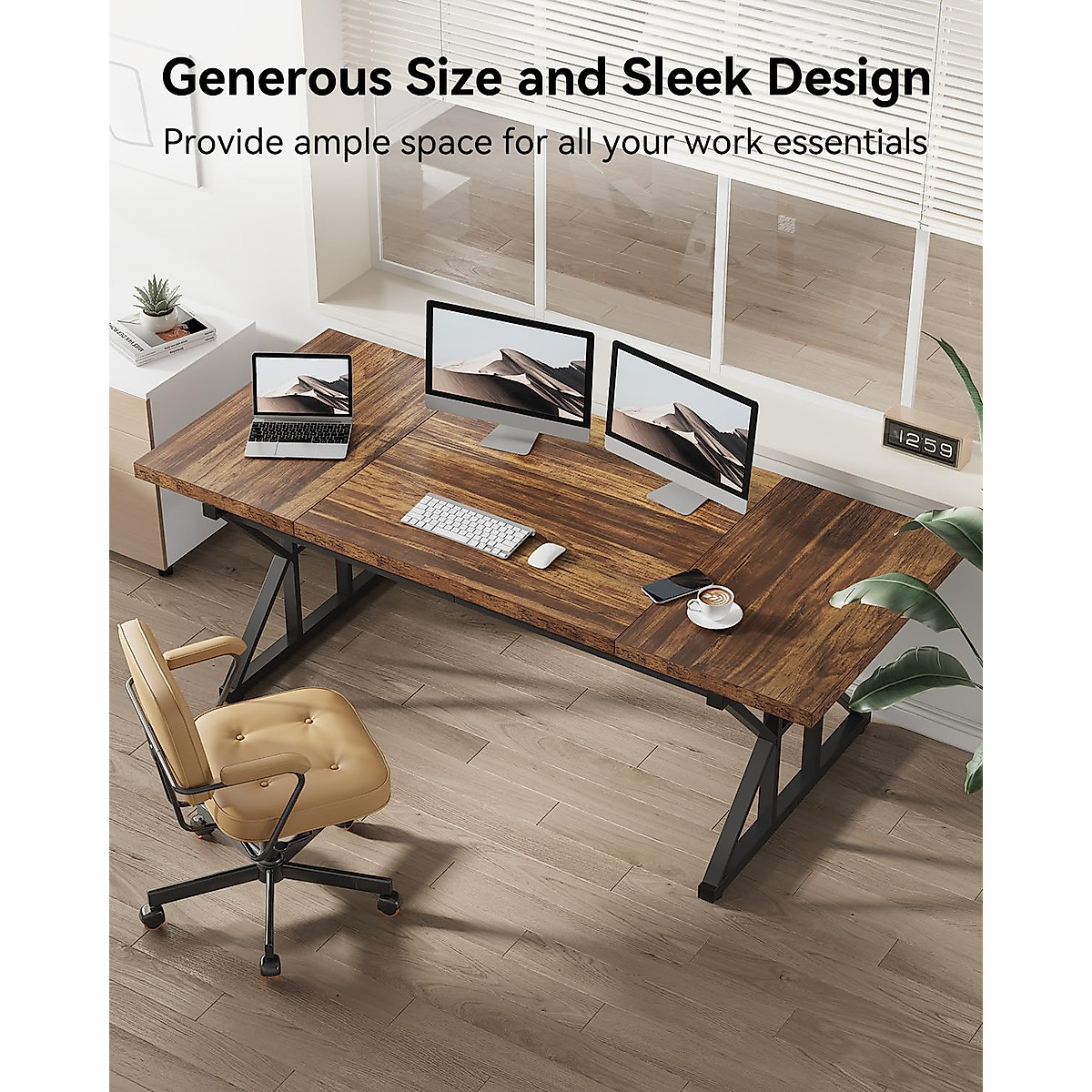 LITTLE TREE 70.8-Inch Office Desk, Wooden Executive Office Desk, Modern Work Desk, Large Farmhouse Writing Table Computer Desk for Home, Brown-Black