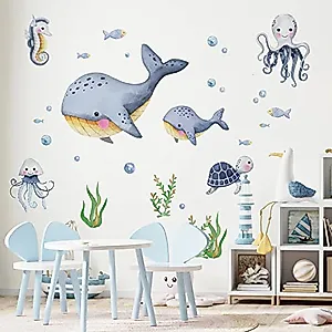 Mfault Under The Sea Whales Wall Decal Stickers, Ocean Hippocampus Octopus Turtle Fish Nursery Decoration Bedroom Bathroom Art, Neutral Marine Animal Toddler Kids Baby Boys Girls Room Decor Gift