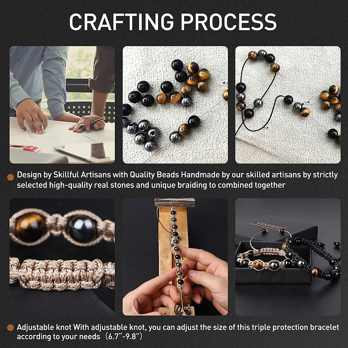 Vinswet Triple Protection Bracelet,Genuine Tigers Eye Black Obsidian and Hematite Beads Bracelet for Men Women,Handmade Crystal Healing Bracelets Bring Luck and Prosperity and Happiness