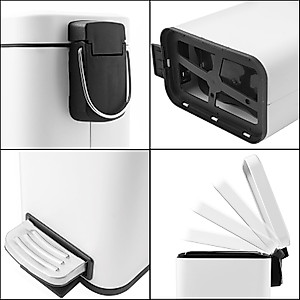 M-Aimee Slim Trash Can and Toilet Brush Combo, Stainless Steel Garbage Can, 1.3 Gallon / 5 Liter, Rectangle Step Small Garbage bin, Soft Close, Removable Plastic Bucket (White)