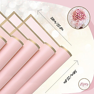 Gloreyan 20 Sheets Gold Edge Flower Wrapping Paper, Pink Florist Bouquet DIY Craft Fresh Flower Bouquet Wrap Waterproof Floral Wrapping Gift Box Packaging Material Florist Supplies, 22.8*22.8