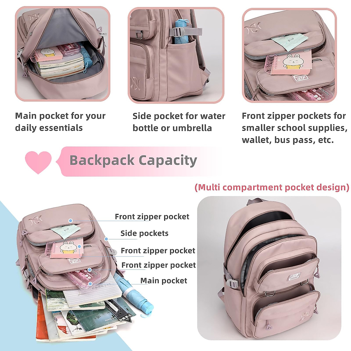 Armbq Girls Backpack Large-Capacity Middle Elementary School Casual Bookbag Kids Outdoor Travel bag Solid Color Daypack for Teens