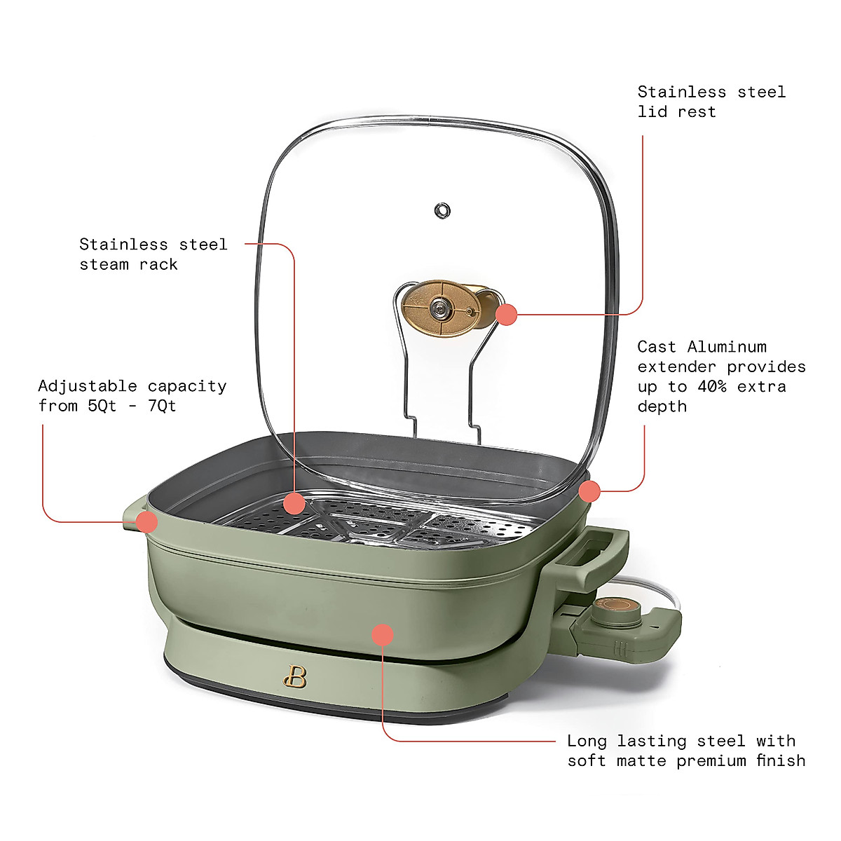 5-in-1 Electric Expandable Skillet, Sage Green by Drew Barrymore, Up to 7 QT