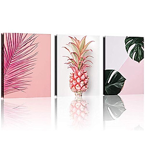 TutuBeer Plant Wall Art with Pink Pineapple at Pink Background Tropical Wall Decor Green Plant Art 12" x 16" x 3 Pieces Canvas Pictures Prints Artwork Ready to Hang for Home Decoration Wall Decor