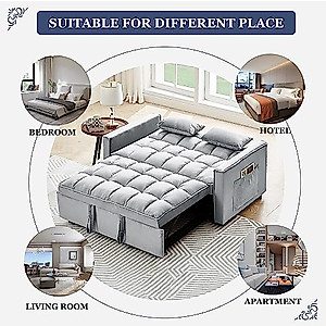 KATBOC 3 in 1 Sleeper Sofa Couch with Adjustable Backrest Modern Velvet Convertible Sleeper Sofa Bed with Pillows and Side Pockets, Small Loveseat Sofa Bed w/Pull Out Bed for Living Room (Grey)
