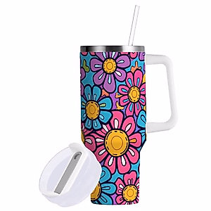 30 oz Colorful Hippie Style Flower Insulated Tumbler with Handle, Stainless Steel Vacuum Water Bottles with Lid and Straw for Water, Iced Tea or Coffee