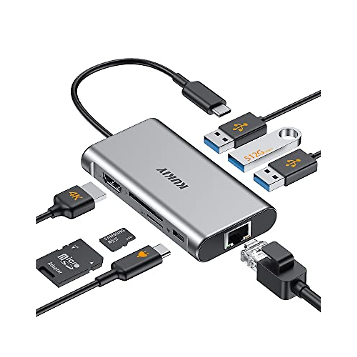 USB C Hub 8-in-1 with 4K HDMI, KUKIY Gigabit Ethernet, 3 USB 3.0, 100W PD Charging and SD&Micro SD Card Reader USB C Adapter Aluminum for MacBook Pro/Air (Thunderbolt 3)