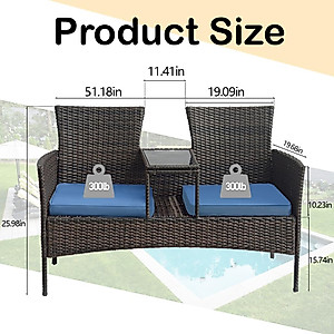 Outdoor Patio Rattan Loveseat with Cushions and Integrated Coffee Table - Weather Resistant 2 Seat Perfect for Garden, Lawn, and Backyard Leisure (Brown Rattan,Dark Blue Cushion)