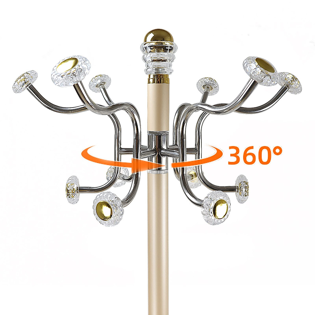 Julenshion Metal Coat Rack Stand,Coat Rack Freestanding Tree with 360° Rotary Hanger 16 pcs Hooks for Jackets Hats Bags Purses Entryway Hall Bedroom(Champagne)