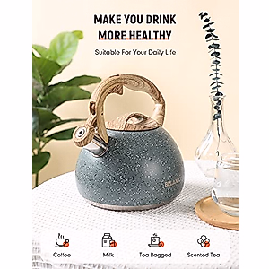 Tea Kettle, BELANKO 102 OZ / 3 Liter Whistling Tea Kettle, Tea Pots for Stove Top Food Grade Stainless Steel with Wood Pattern Handle, Loud Whistle Kettle for Tea, Coffee, Water, Milk - Black Green