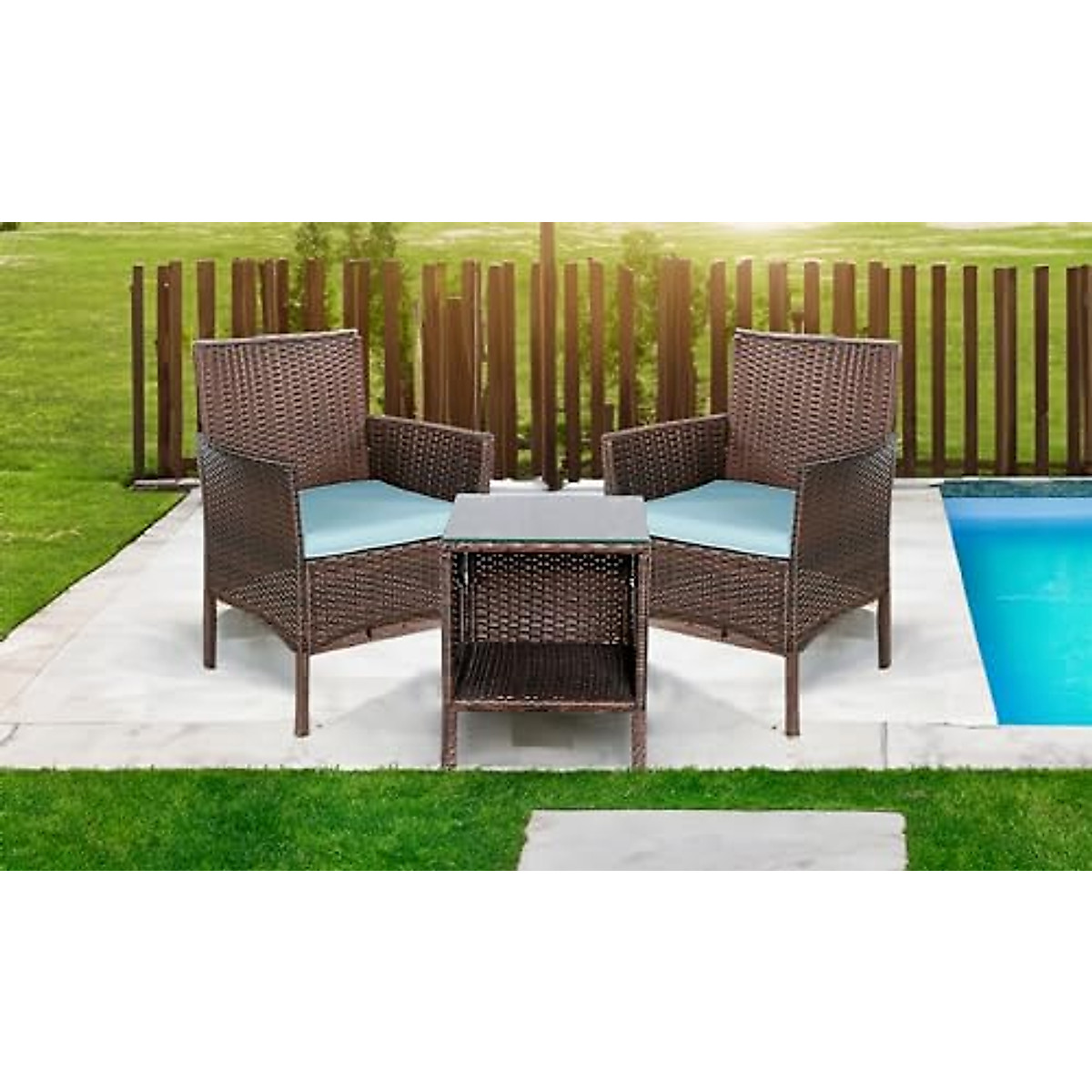 BTEXPERT Space Saving Outdoor Wicker Conversation 3 Piece Bistro Set Garden Patio Yard Porch Furniture Pe Rattan Two Chairs Cushions Side Storage Table Brown/Aqua Blue