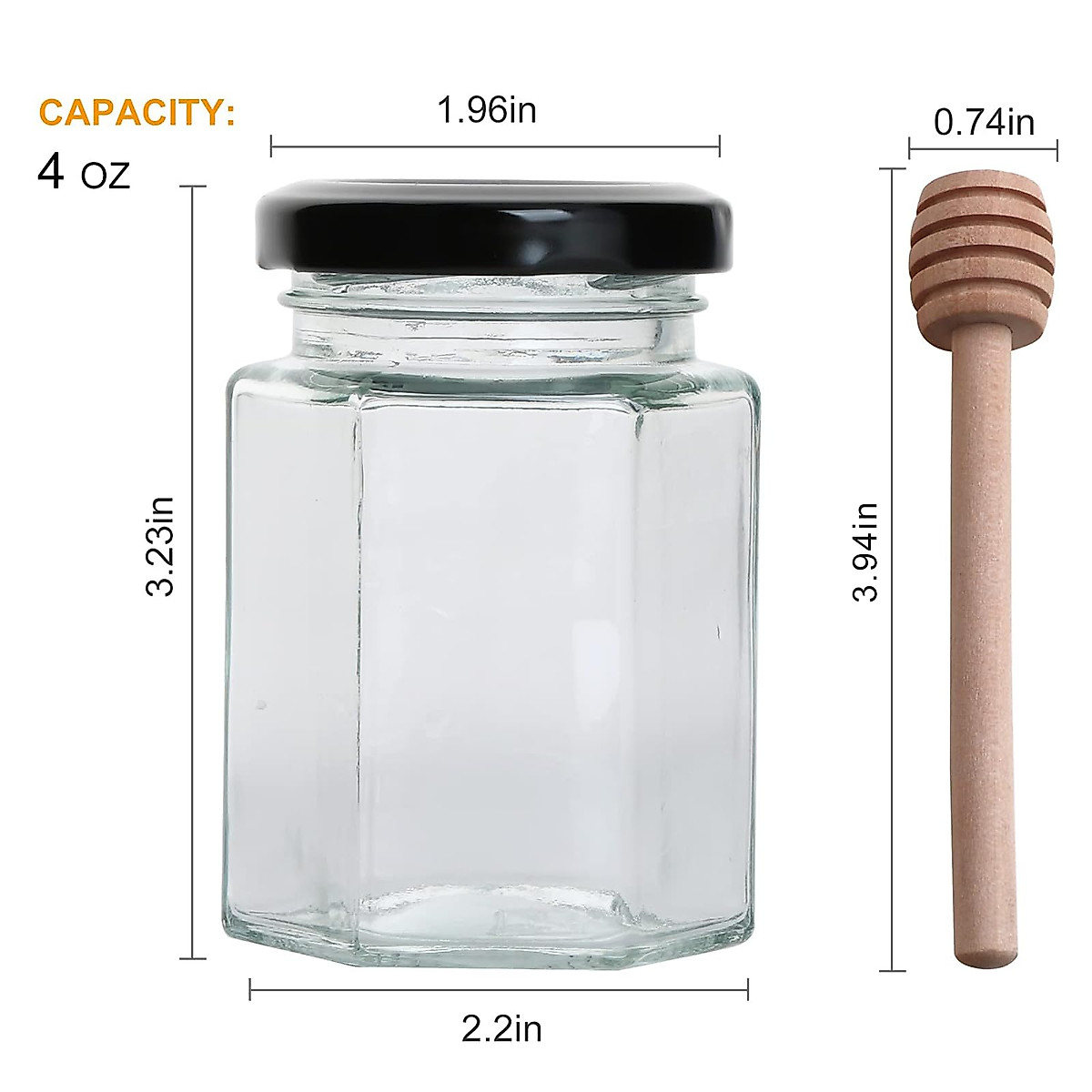 Woaiwo-q Hexagon Glass Jars, 4 oz 30 Pcs Hexagon Glass Honey Jars with Black Lids,Wooden Honey Sticks,Bronzy Bee Pendants,Small Tags,1.5m Jute Twine for Honey,Foods,Jams, Liquid and More..