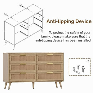 Rovaurx 6 Drawer Double Dresser for Bedroom, Rattan Chest of Dressers, Modern Wooden Dresser Chest with Golden Handles, Beside Table for Closet, Living Room and Entryway, Natural RDG001M