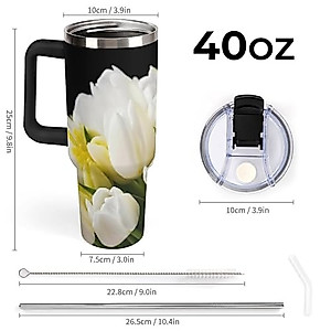 YTLKGFP 40 Oz Large Capacity Car Cup Different Flowers Tumbler with Handle (Black) Straw Lid Insulated Stainless Steel Water Bottle Travel Mug Leak-proof Car Cup Keeps Cold Or Hot