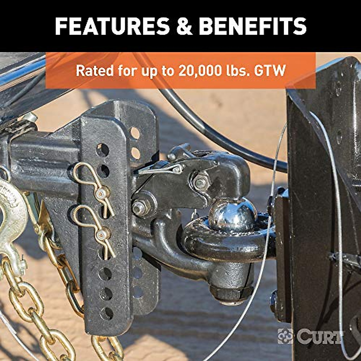 CURT 45908 Adjustable Pintle Hitch Combination, 2-1/2-Inch Receiver, 6-Inch Drop, 2-5/16-Inch Ball, 20,000 lbs, CARBIDE BLACK POWDER COAT