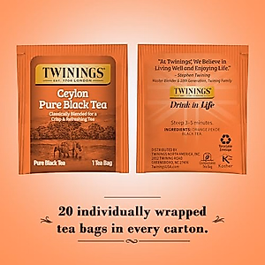 Twinings Ceylon Pure Black Tea - A Crisp, Refreshing Black Tea, Formerly Orange Pekoe, Caffeinated Tea Bags, Individually Wrapped, 20 Count