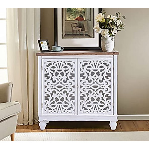 MAISON ARTS White Accent Cabinet with 2 Doors Storage Sideboard Buffet Cabinet for Living Room Kitchen Farmhouse Decorative Distressed Tall Bedroom Cabinet with Hollow Carved Doors