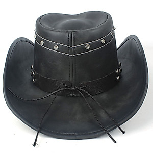PTONUIC Cowboy Hat Punk Mens Style Hat Skull Sign Western Belt Band Cowgirl Hat Rivets Trim Black