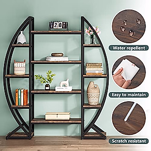 Bookshelf, Oval Triple Wide 5 Tiers Etagere Bookcases, Industrial Display Shelves for Living Room (Brown, 55")