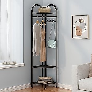 FLRH Black Corner Hall Tree, Freestanding Garment Rack with 6 Hooks and Storage Shelf, Metal Clothing Racks Coat Racks for Hallway, Entryway, Bedroom, Living Room, Office(Black)