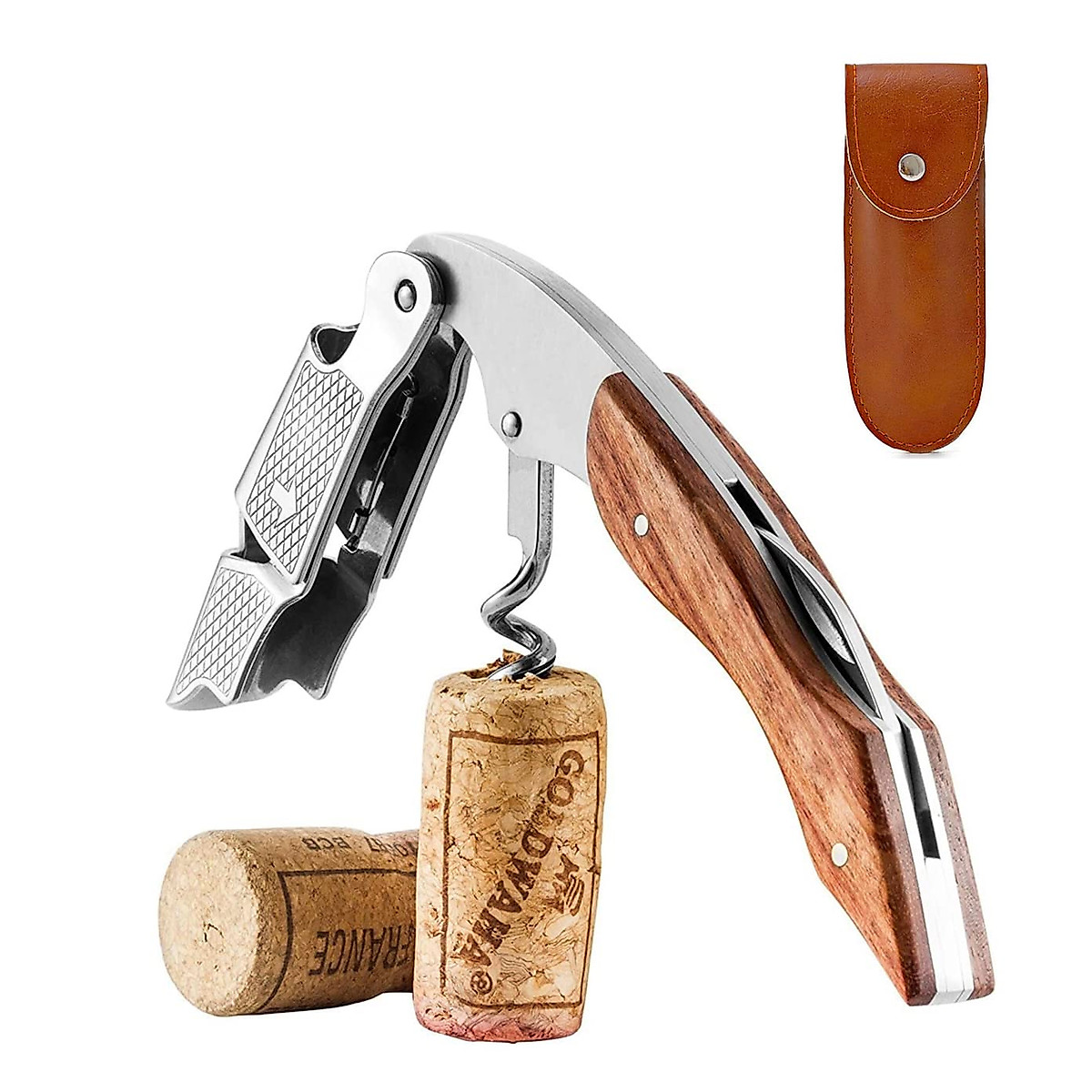Wine Opener - Professional Corkscrew for Wine Bottles w/Foil Cutter and Cap Remover - Manual Wine Key for Servers, Waiters, Bartenders and Home Use. With its leather pouch.