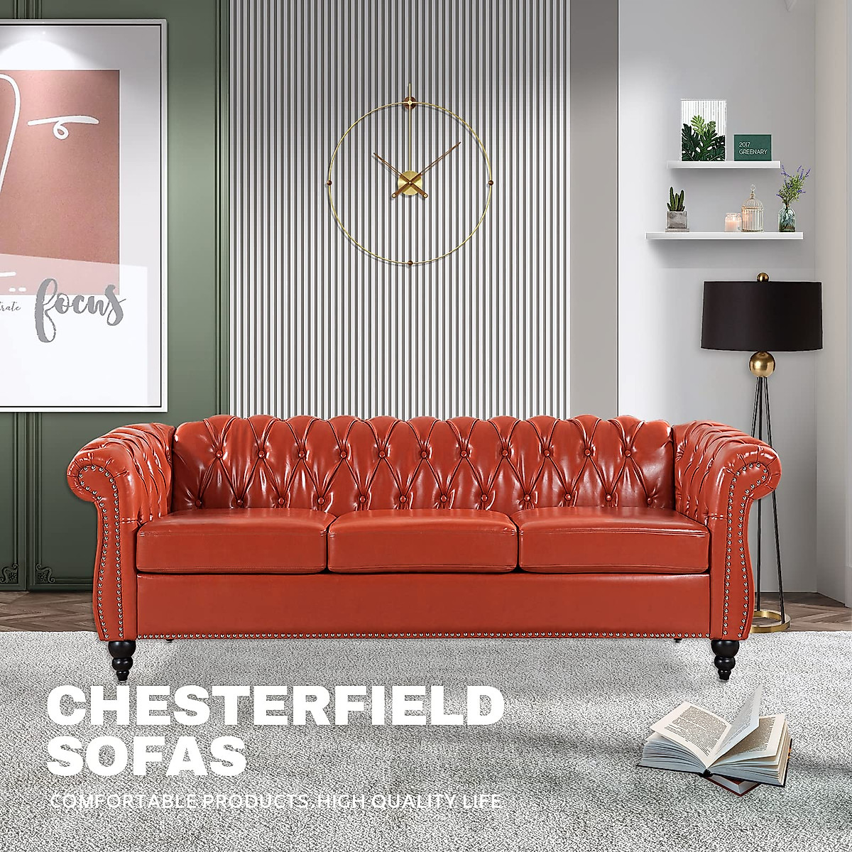 KUVENQIW Modern Orange Chesterfield Sofa Button Tufted Faux Leather Couches for Living Room Classic Bedroom Office Apartment (Orange)