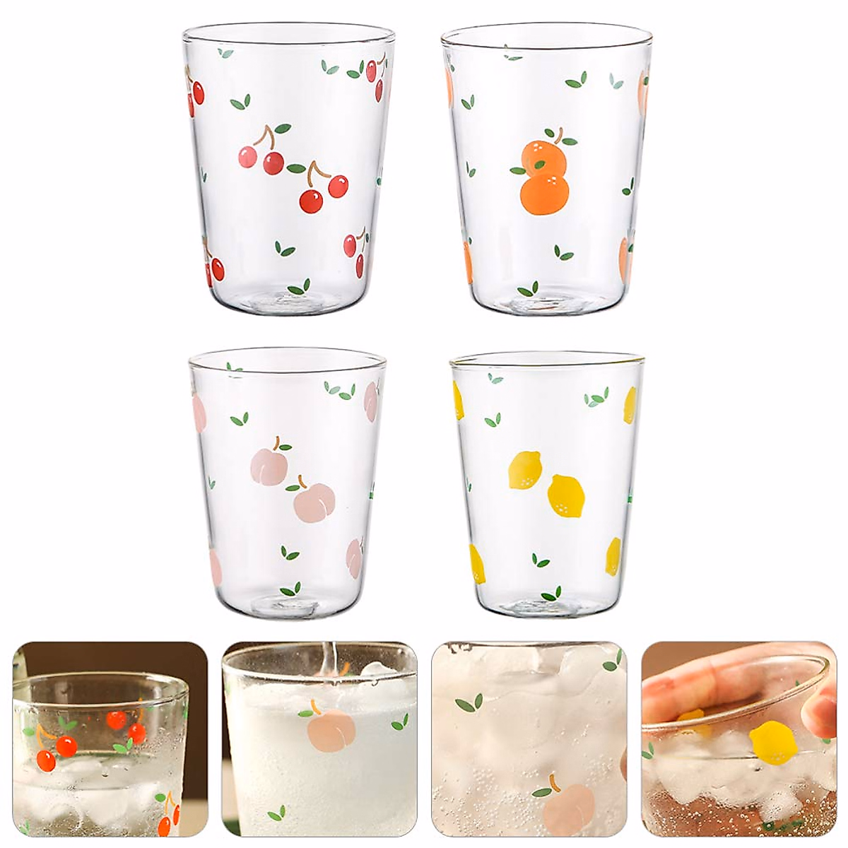 Hemoton 4pcs Glass Coffee Cups Drinking Glasses Glass Mugs with Fruit Pattern for Drinks Water Juice Beer Cocktail(Random Pattern)