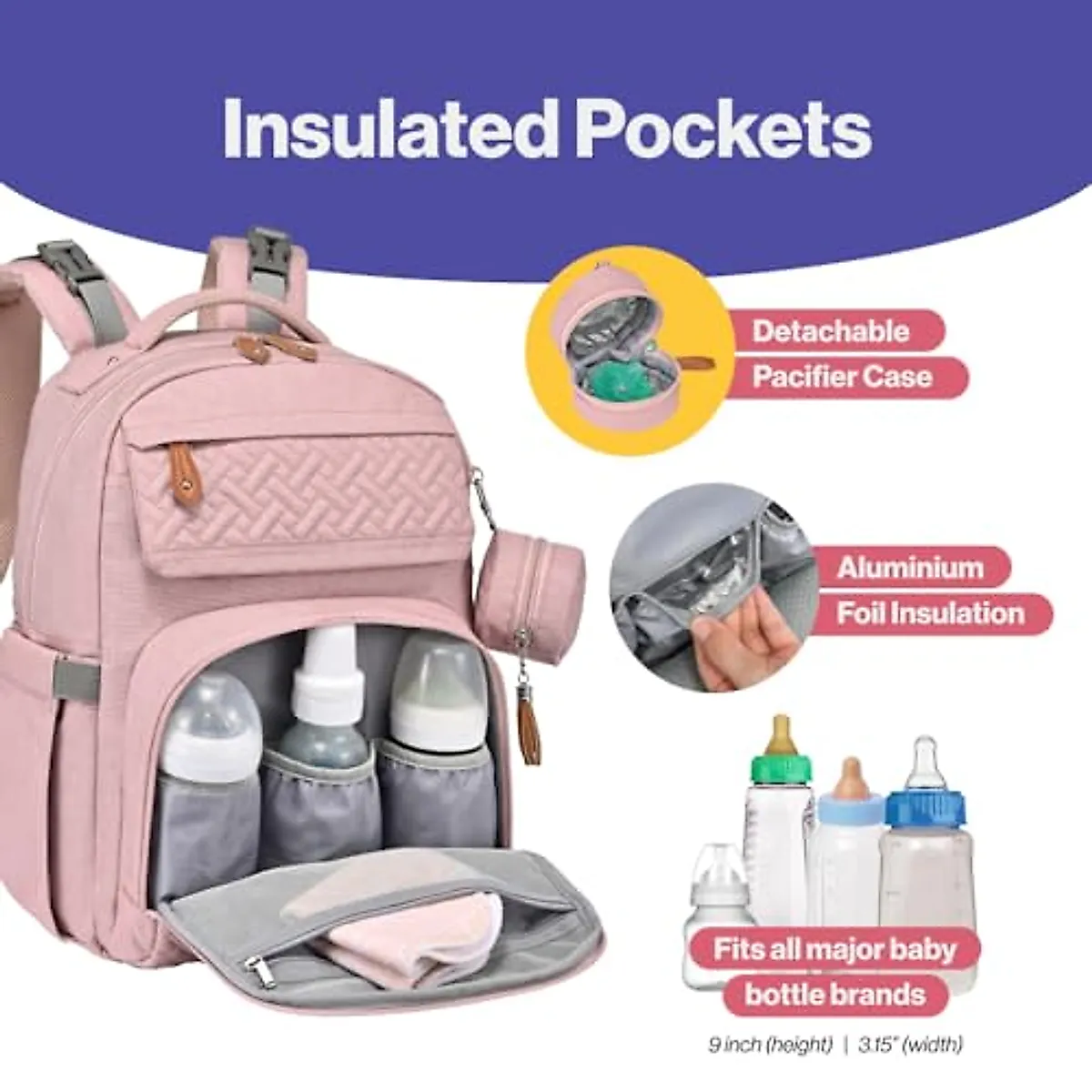 BabbleRoo Diaper Bag Backpack, Travel Backpack with Changing Pad, Pacifier Case & Stroller Straps, Multifunction, Waterproof, Unisex – Pink