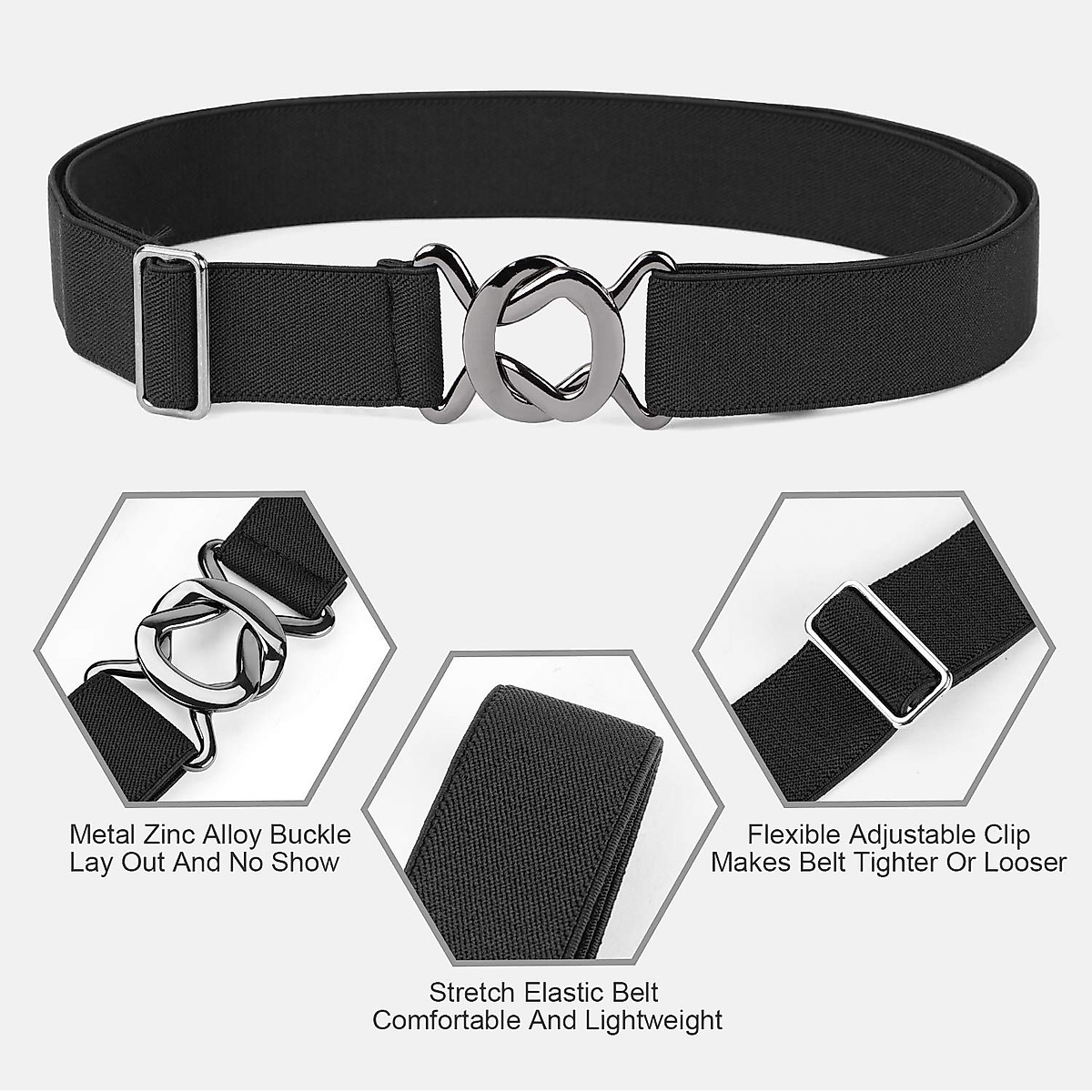 JASGOOD Womens Invisible Belt Comfortable Elastic Adjustable No Show Web Belt Metal Buckle Belt, A-Black,US Size 0-14