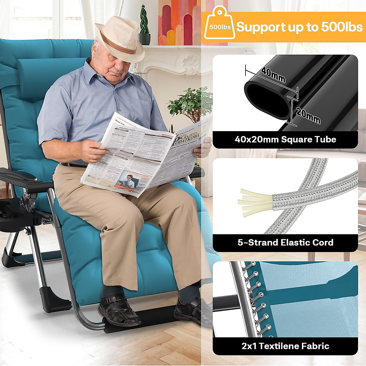 Slendor Oversized Zero Gravity Chairs XXL, 33IN Padded Zero Gravity Lounge Chair, Folding Reclining Patio Chair Lawn Recliner w/Aluminum Alloy Lock, Headrest, Cup Holder, Support 500lbs, Light Blue