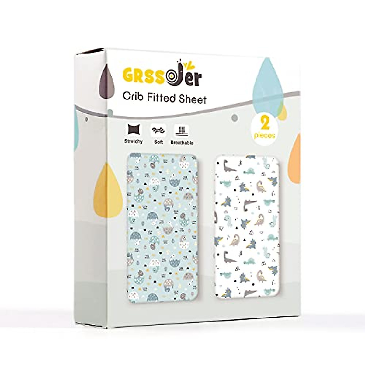 GRSSDER Stretchy Ultra Soft Jersey Knit Fitted Crib Sheets Set 2 Pack, Cozy Crib Sheet Fits All Standard Crib Mattress Pads, Happy Dinosaurs Print Crib Sheets for Boys and Girls