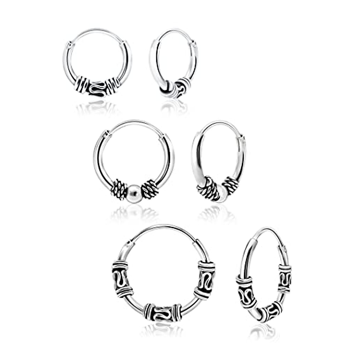 Hoops & Loops 925 Sterling Silver Set of 3 Pairs 10mm, 12mm & 14mm Bali and Bali Bead Endless Hoop Earrings for Women Teen Girls Men, Silver