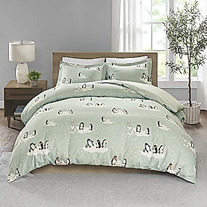 Sleep Philosophy True North Cozy Flannel Duvet Cover 100% Cotton Flannel Novel Adorable Animal Print, All Season Comforter Cover Bedding Set with Sham, King/Cal King, Aqua Penguin 3 Piece