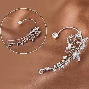 2 Pcs Butterfly Ear Cuff Earrings for Women Non Piercing Rhinestone Goth Fairy Elf Ear Cuff Butterfly Ear Wrap Earrings for Bridal Wedding Prom For Teen(Silver)