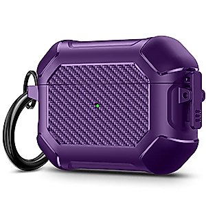 Maxjoy Compatible with AirPods Pro Case, Carbon Fiber Secure Lock Clip Full Body Shockproof Hard Shell Protective Case Cover with Keychain for AirPod Pro (2019), Purple