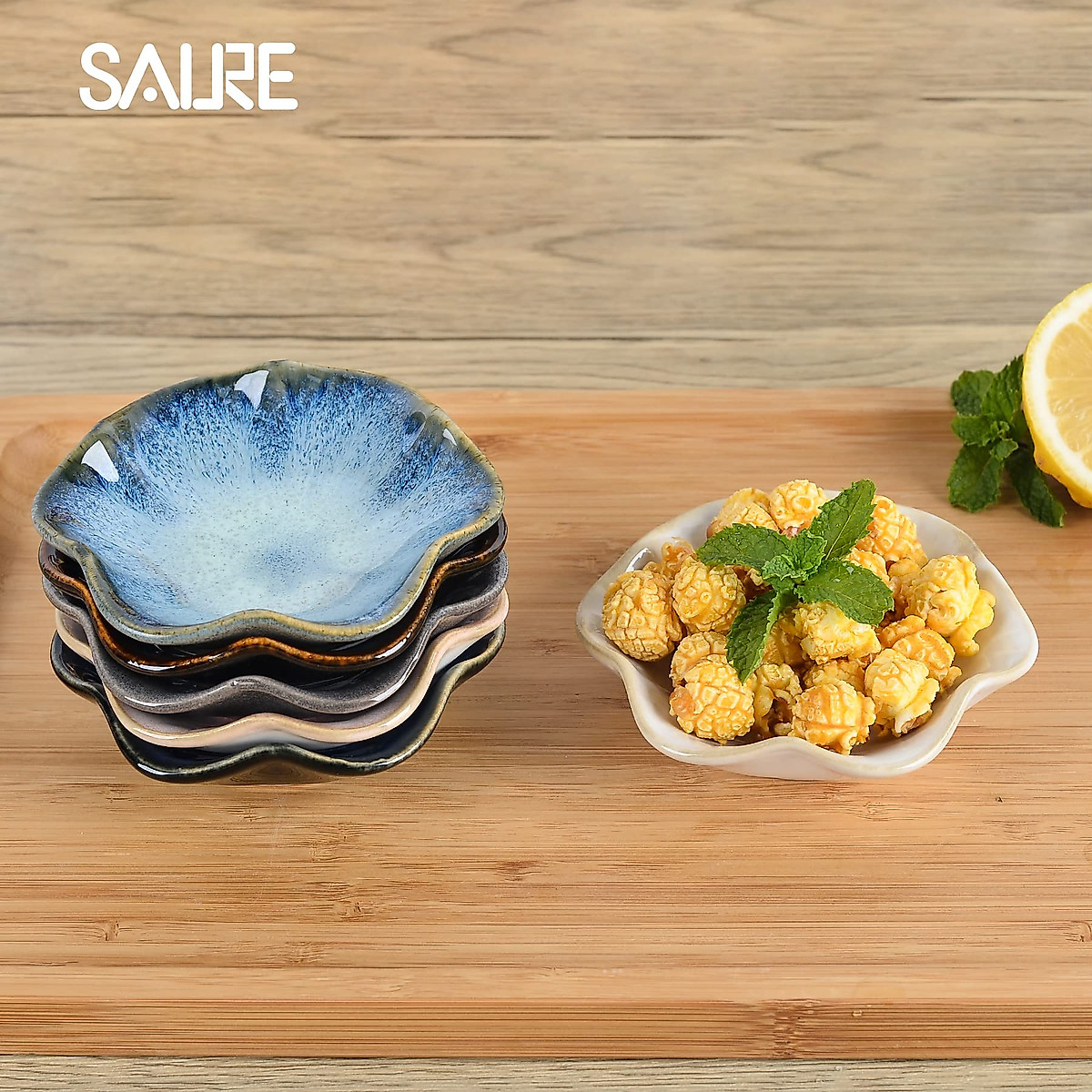 Dipping Bowls Set of 6, Ceramic Soy Sauce Dish, Flower Dipping Sauce Bowls, Pinch Bowls, Special Reactive Glazed Small Condiment Finger Bowls for Dip Sushi Soy Sauce Cup Dish