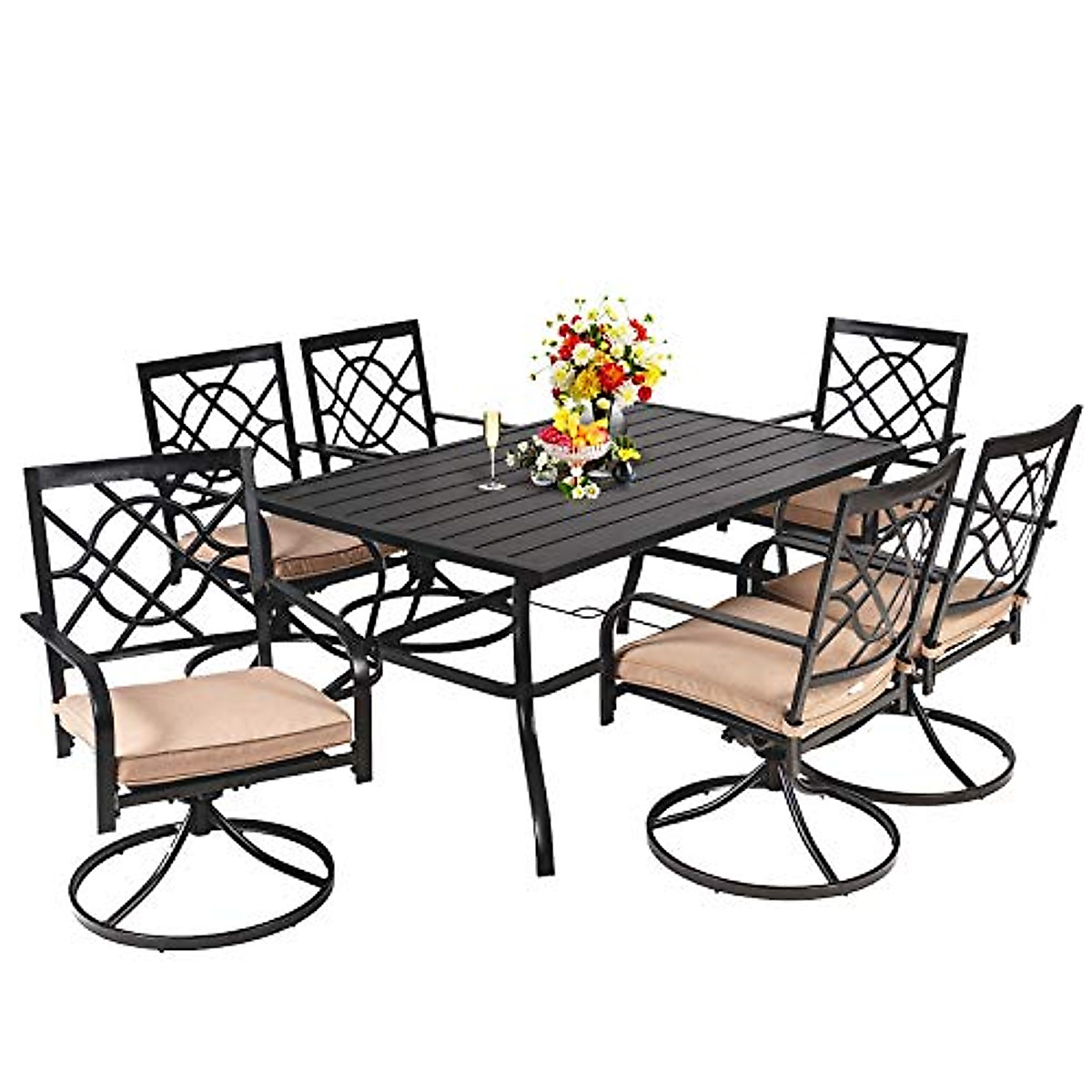 SUNCROWN 7 Pieces Outdoor Dining Set Metal Swivel Cushioned Chairs Patio Furniture Sets with Steel Slat Bistro Table for Backyard, Lawn, Garden