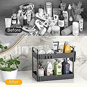 3 Pack Under Sink Organizers And Storage With Dividers,2-Tier Bathroom Organizer Under Sink,Kitchen Organization,Cabinet Organizer With Hooks,Hanging Cup,Dividers,Handles