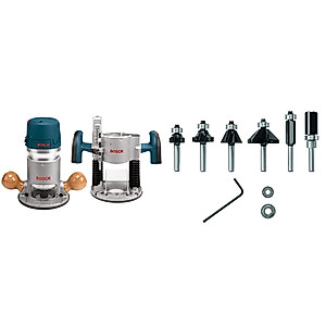 BOSCH 1617EVSPK Wood 12 Amp Router Tool Combo Kit - 2.25 Horsepower Plunge Router & Fixed Base with a Variable Speed&BOSCH 6 pc. Carbide-Tipped Trim and Edging Router Bit Set