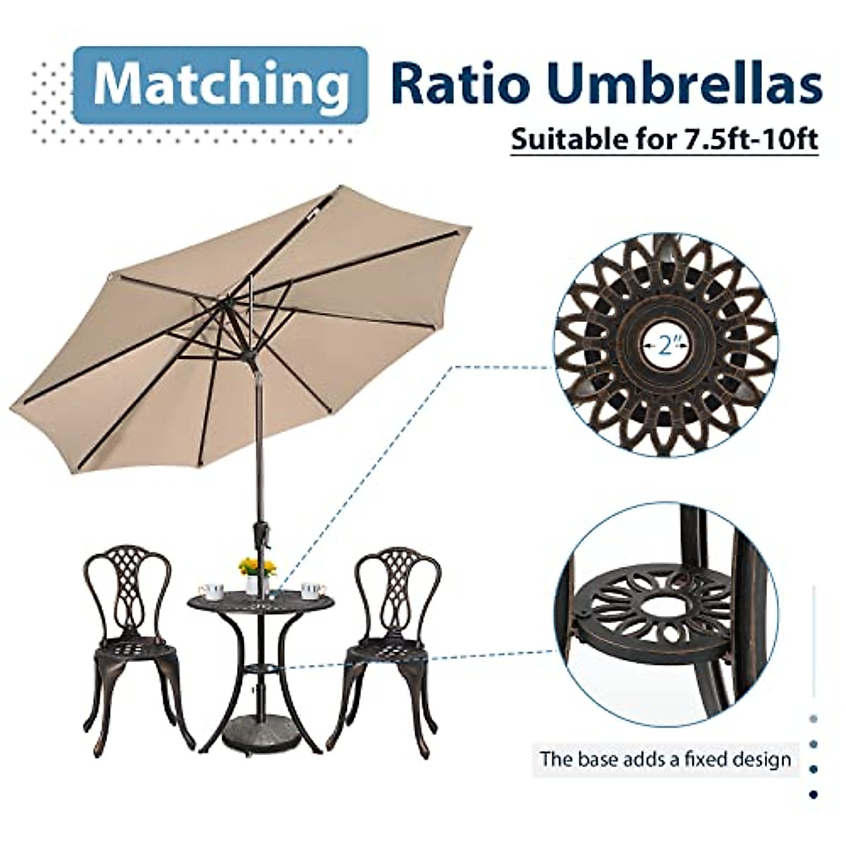 JOIVI 3 Piece Patio Bistro Set, Cast Aluminum Outdoor Conversation Set, Garden Table and Chairs with Umbrella Hole for Backyard, Lattice Design Antique Bronze