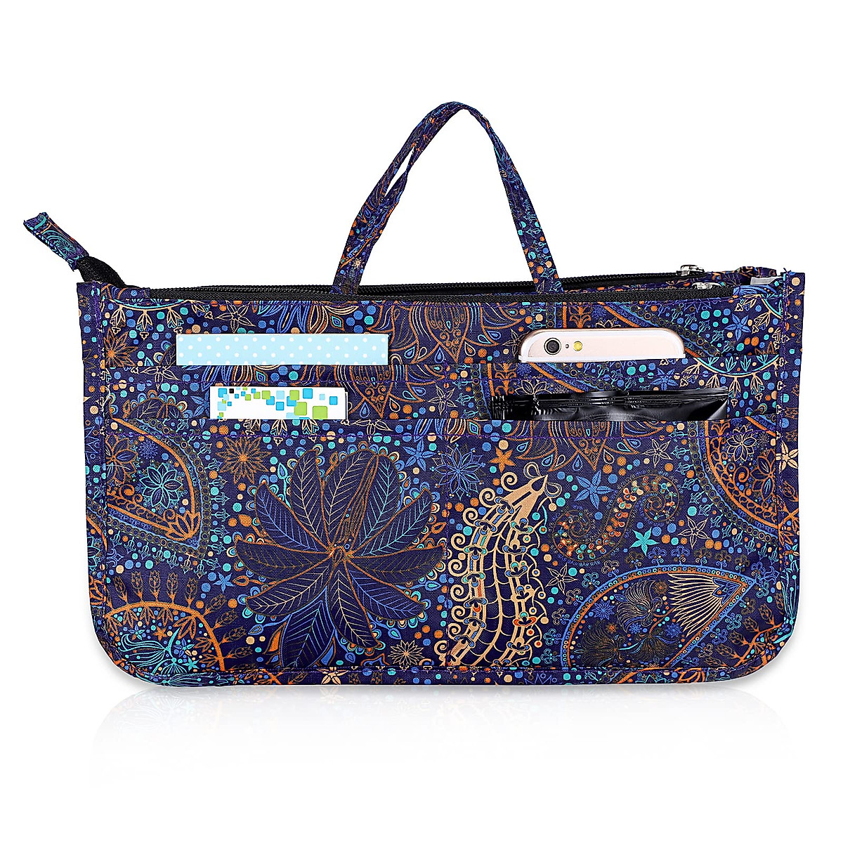 BTSKY Printing Handbag Organizers Inside Purse Insert - High Capacity 13 Pockets Bag Tote Organizer with Handle(Blue Lotus)