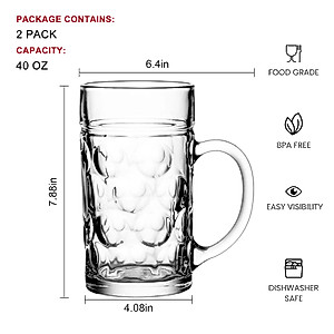 Glass Beer Stein Mugs Jumbo Mugs,German Glass Beer Mugs With Handle 1.2Liter,Big Freezable Glass Mugs 40oz,Extra Large German Beer Glasses,Beer Stein Super Mug Mass Mugs BPA Free,Dishwasher Safe 2Pack