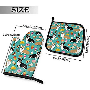 QISHUI Cute Corgi Oven Mitts and Pot Holders Kitchen Set Heat Resistant Cooking Baking BBQ Mitts